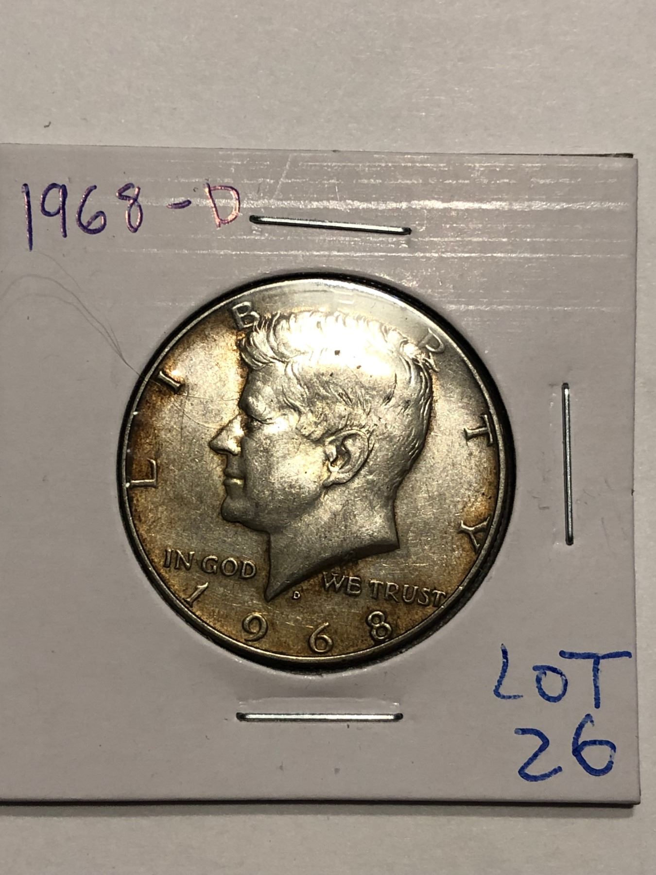 1968 D Silver Kennedy Half Dollar Toning Nice US Coin