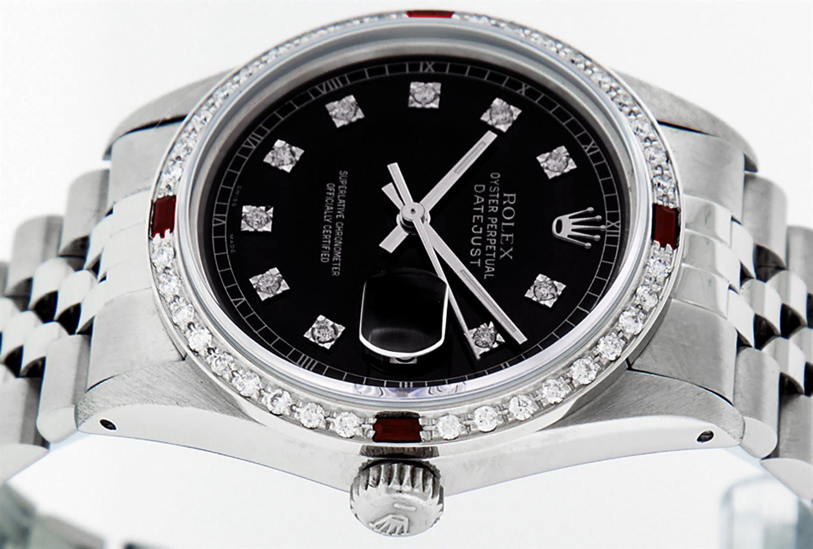 Rolex Mens Stainless Steel Black Diamond & Ruby Datejust Wristwatch