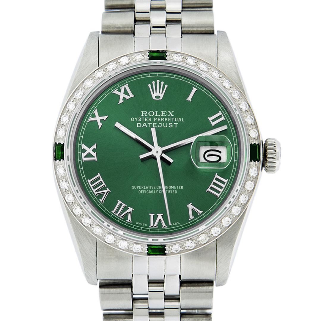 Rolex Mens Stainless Steel Green Roman Diamond & Emerald Datejust ...