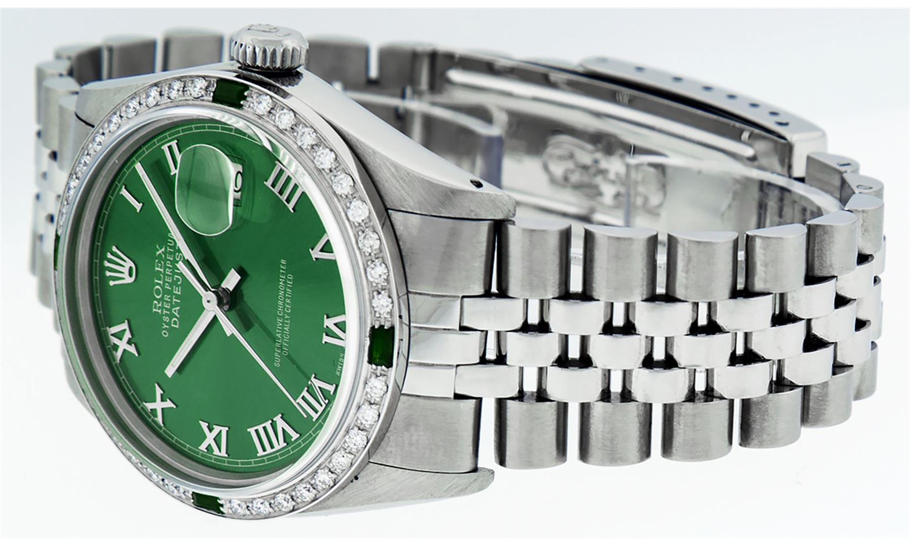 Rolex Mens Stainless Steel Green Roman Diamond & Emerald Datejust ...