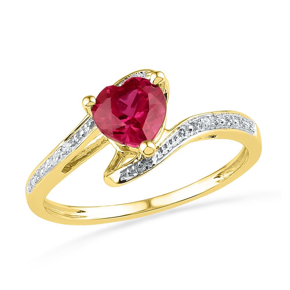 1.01 CTW Heart Created Ruby Solitaire Diamond Bypass Ring 10KT Yellow ...