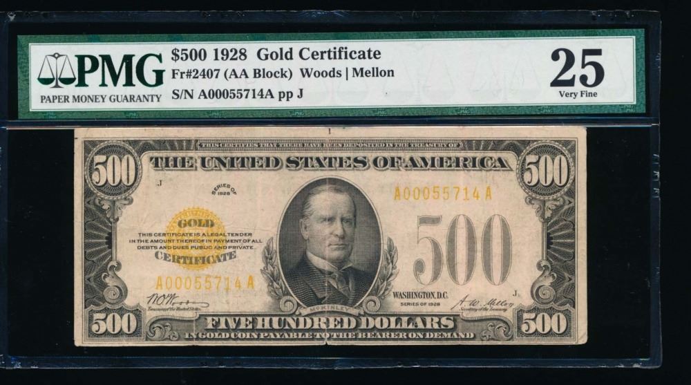1928 $500 Gold Certificate PMG 25