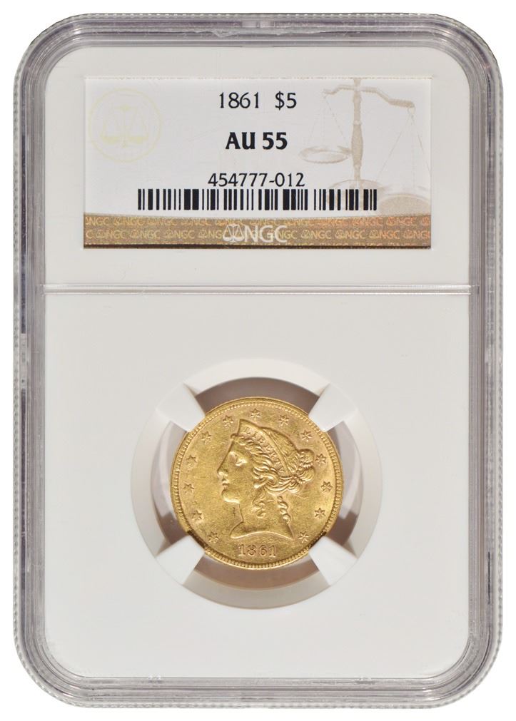 1861 $5 Liberty Head Half Eagle Gold Coin NGC AU55