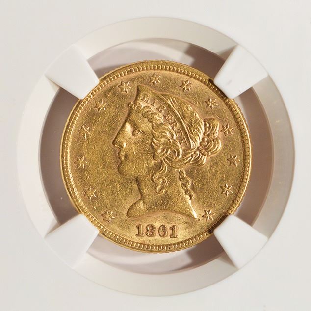 1861 $5 Liberty Head Half Eagle Gold Coin NGC AU55