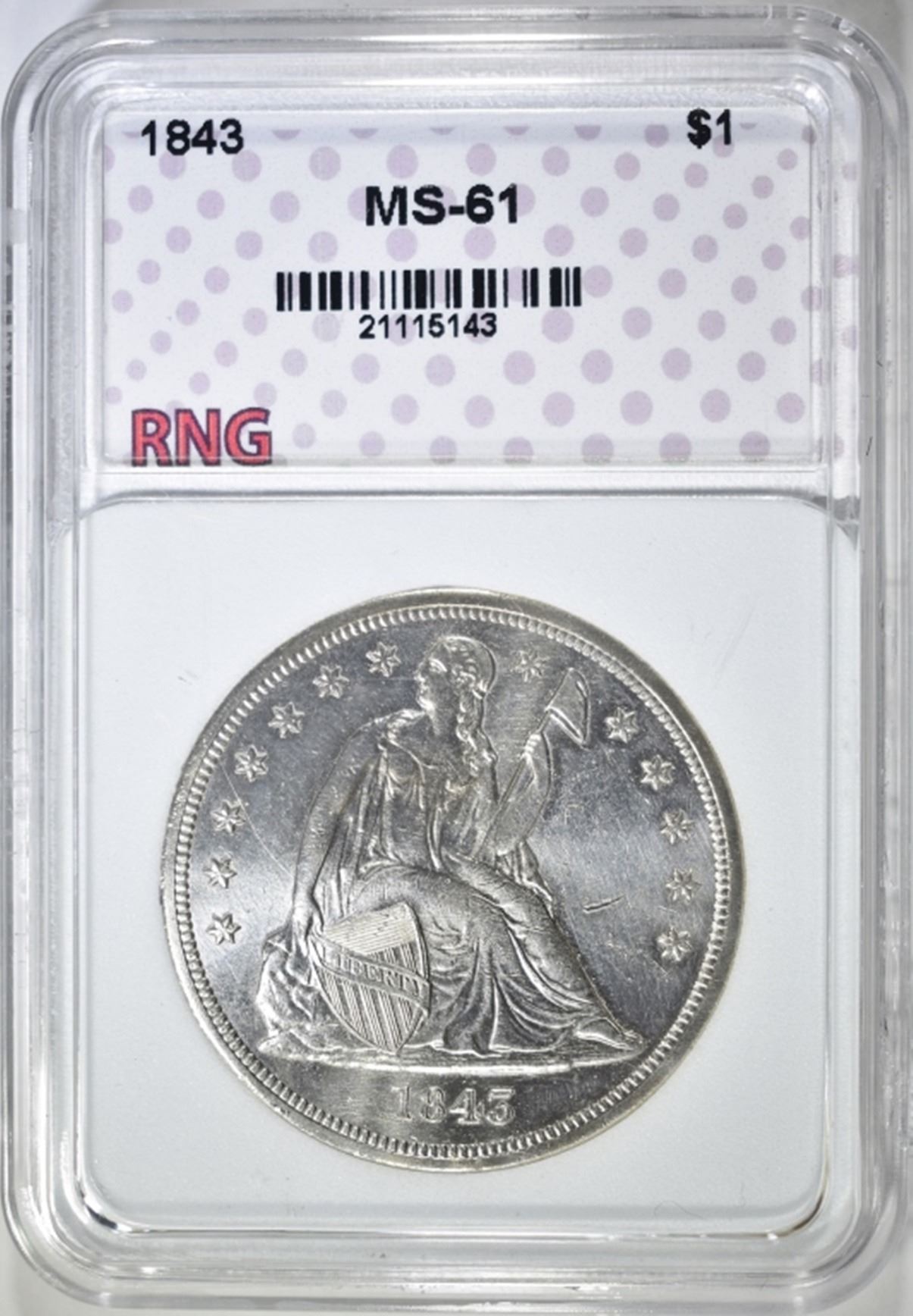 1843 SEATED LIBERTY DOLLAR RNG BU WHITE