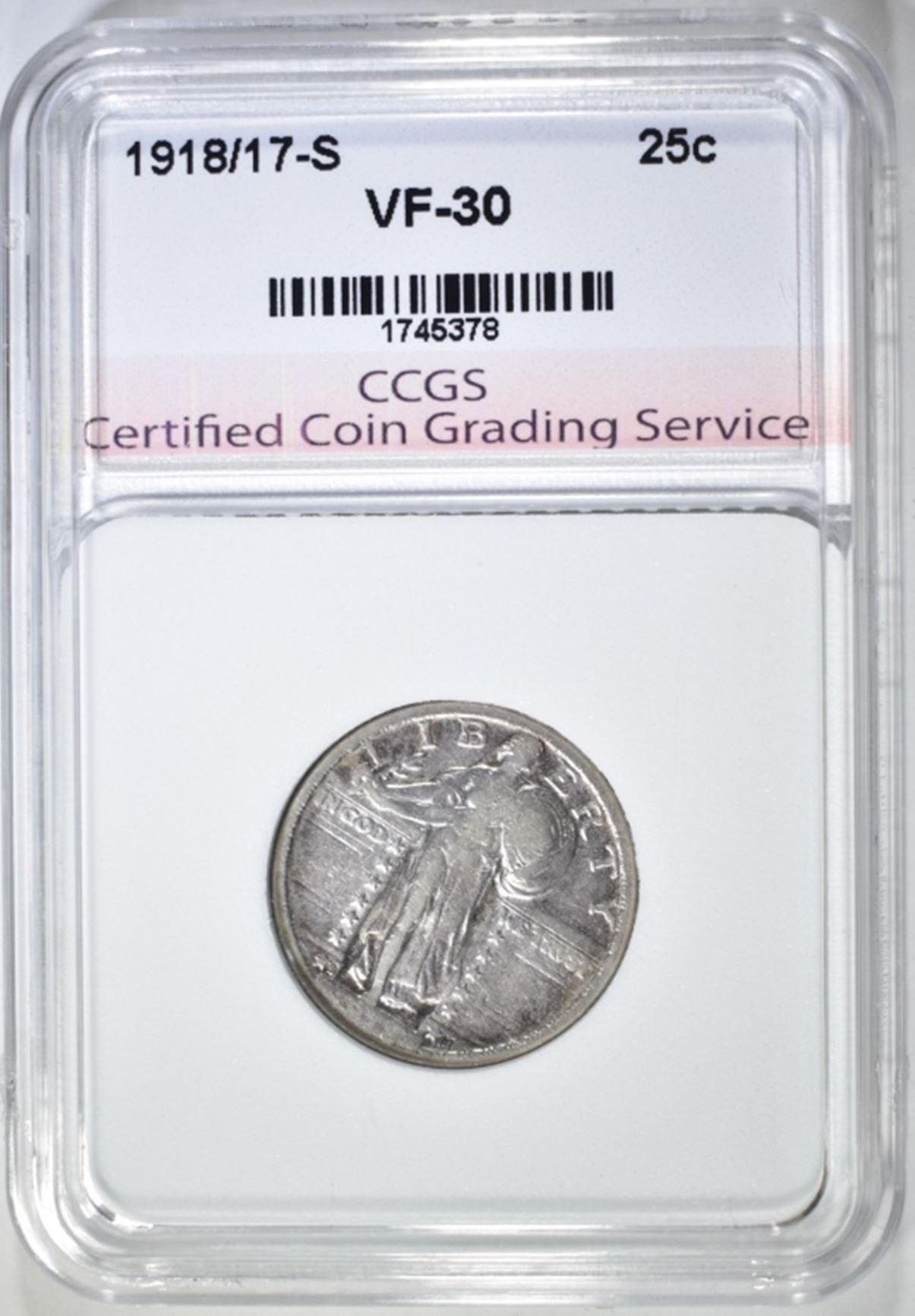 1918-17-S STANDING LIBERTY QUARTER CCGS VF+