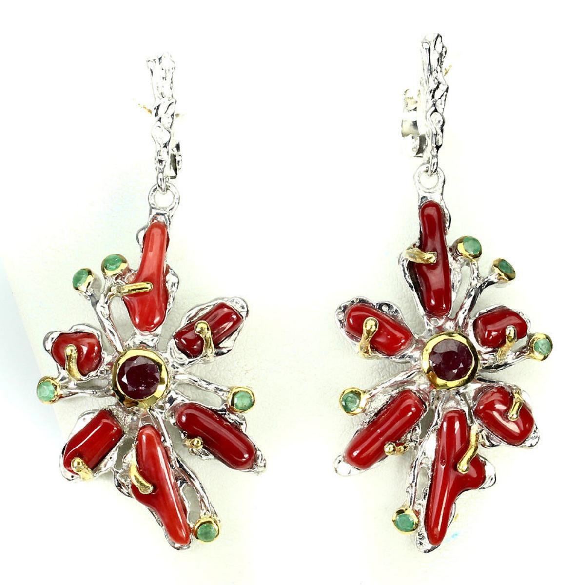 Natural Handmade Red Coral Ruby & Emerald Earrings