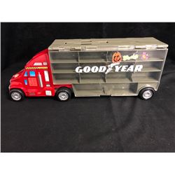 GOODYEAR TOY TRUCK FOR STORAGE OF HOTWHEELS COMPLETE WITH 5 SMALL CARS