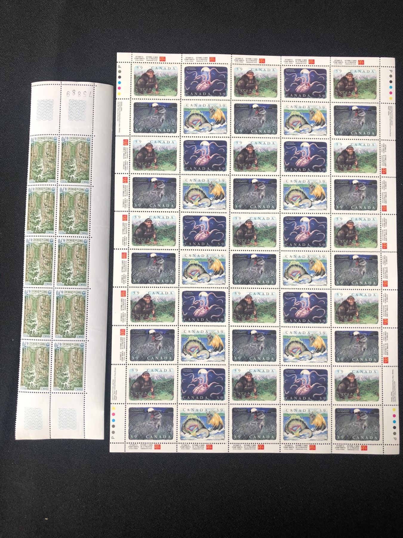 1990 UNUSED CANADIAN STAMPS LOT (SASQUATCH/ WEREWOLF/ THE KRAKEN/ OGOPOGO)