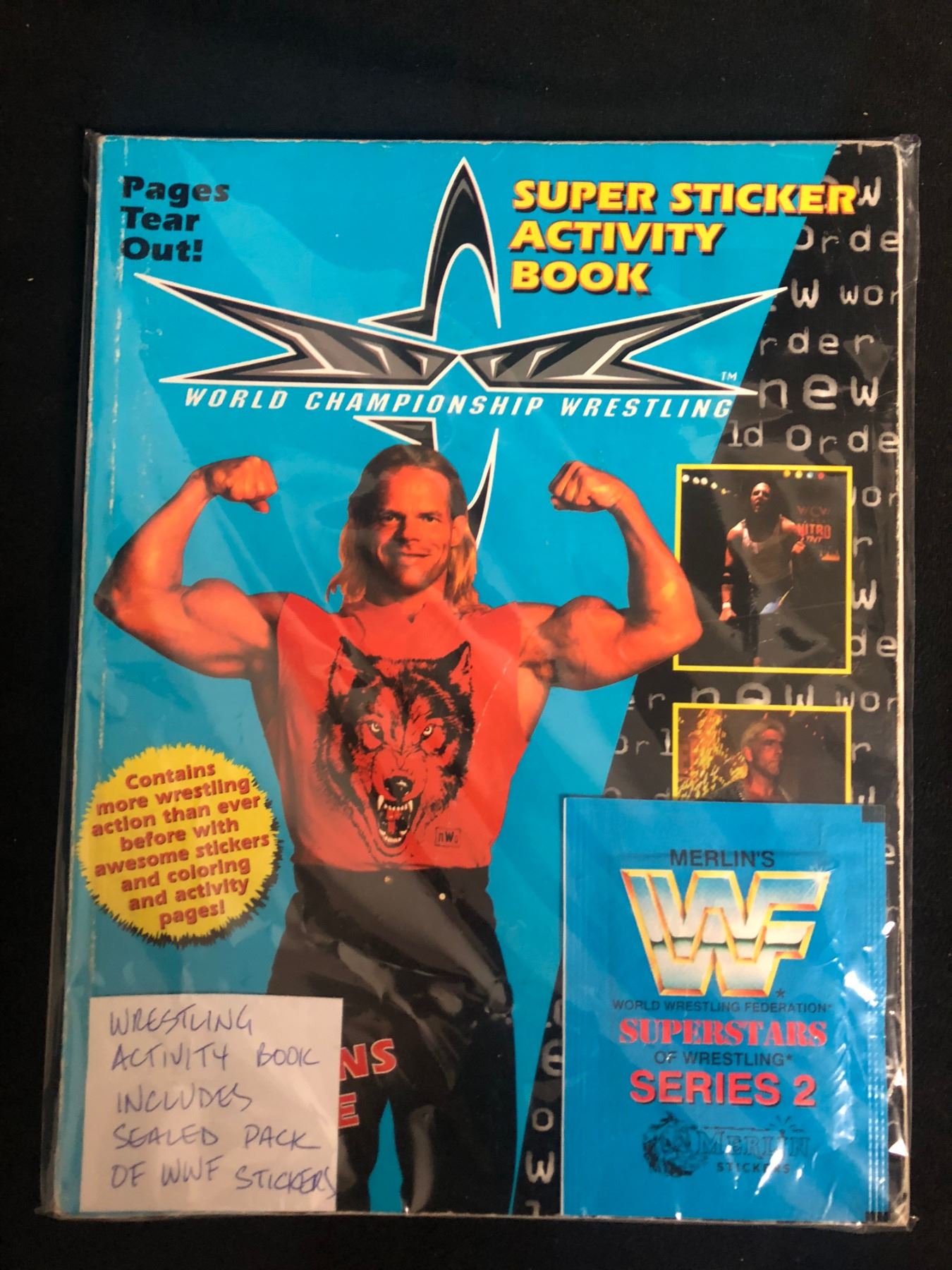 VINTAGE WRESTLING ACTIVITY BOOK (INCLUDES SEALED PACK OF WWF STICKERS)
