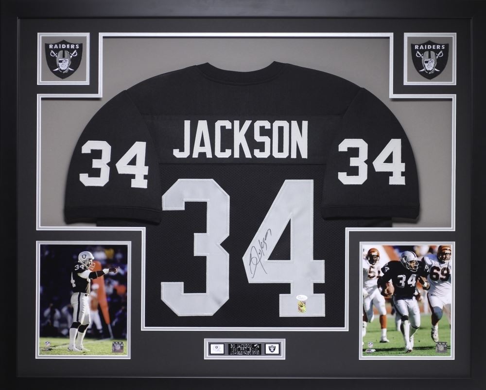 Bo Jackson Signed Raiders 35" x 43" Custom Framed Jersey (JSA COA)