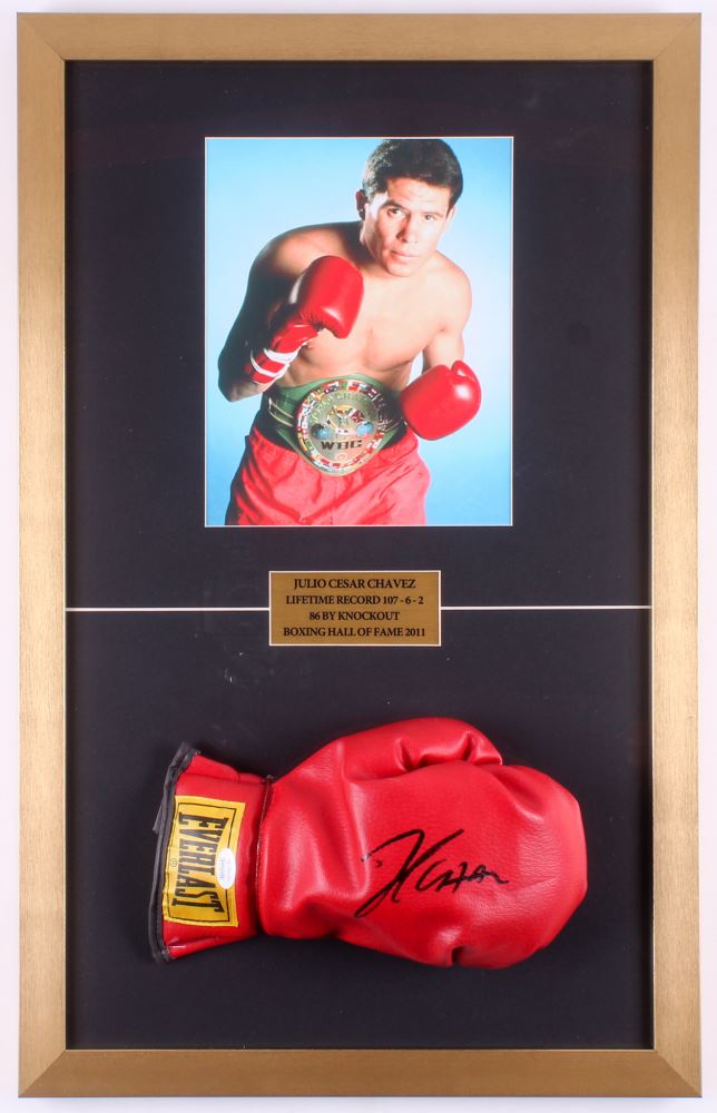 Julio CÃ©sar ChÃ¡vez Signed 17x27 Custom Framed Everlast Boxing Glove Display (JSA COA)