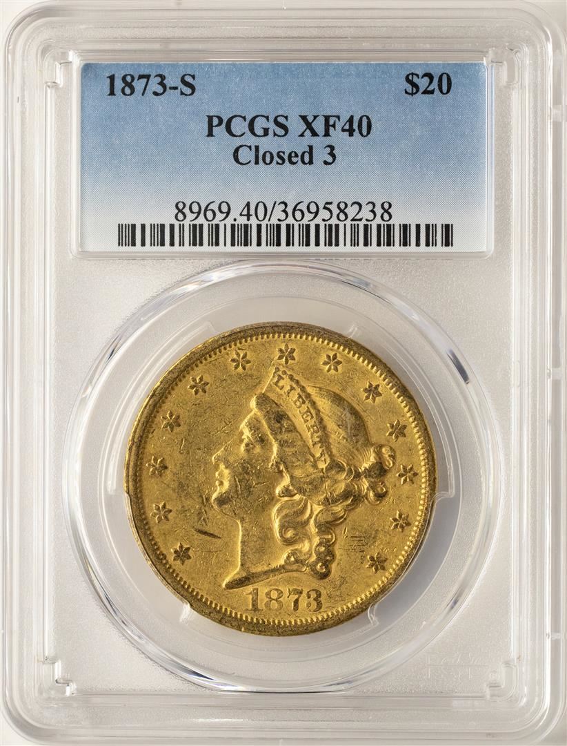1873-S Closed 3 $20 Liberty Head Double Eagle Gold Coin PCGS XF40