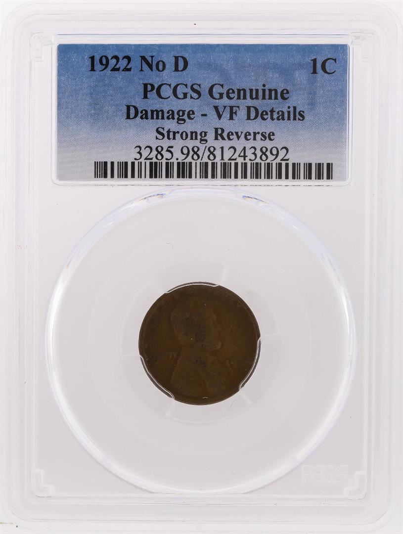 1922 No D Lincoln Wheat Penny PCGS Genuine Damage - VF Details