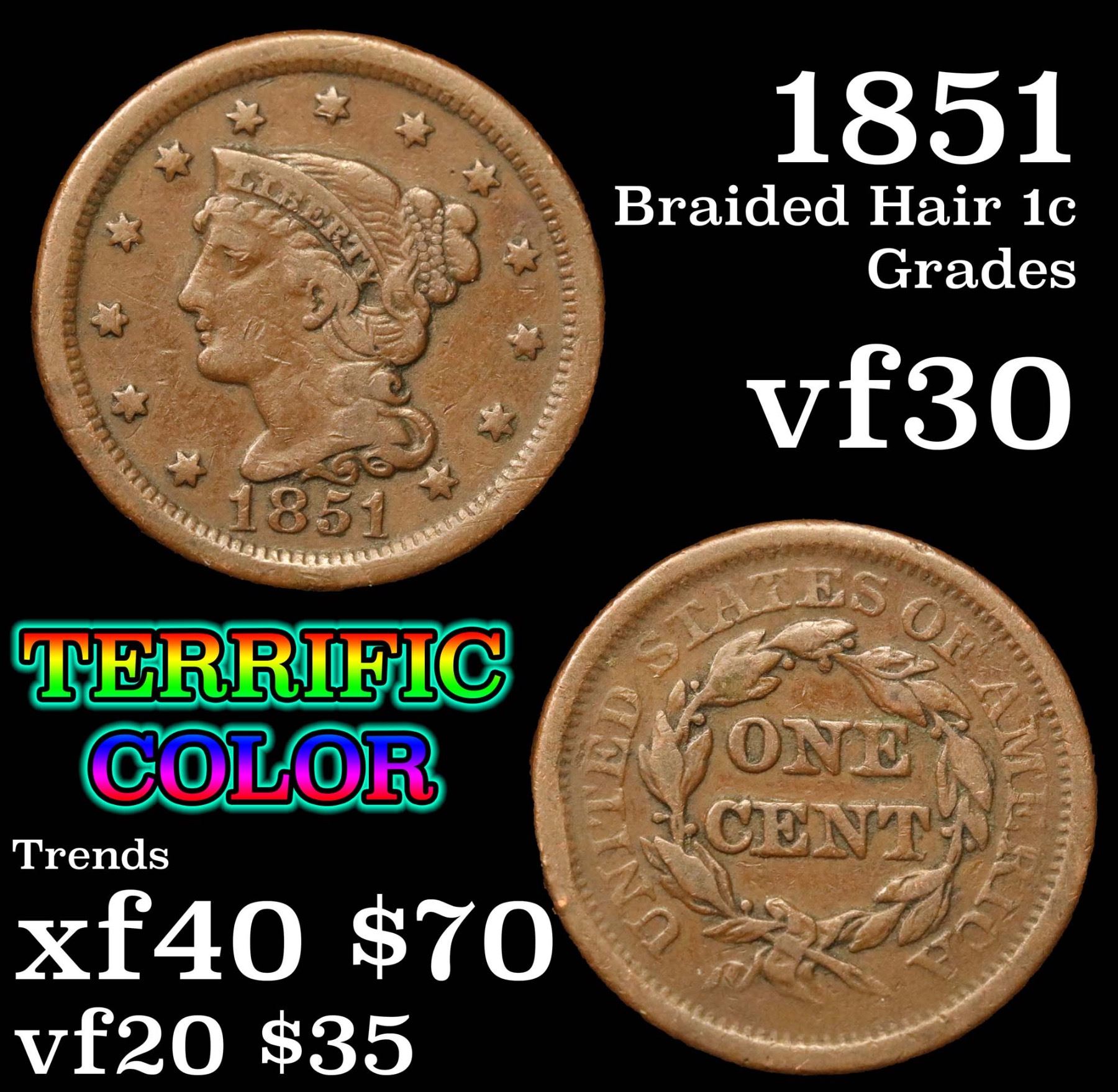 1851 Braided Hair Large Cent 1c Grades vf++