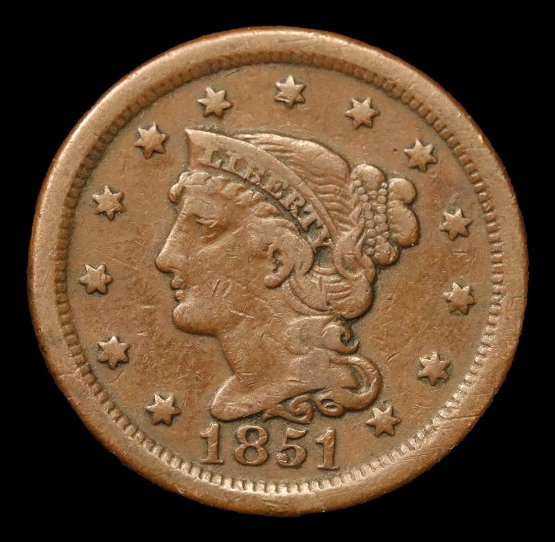 1851 Braided Hair Large Cent 1c Grades vf++