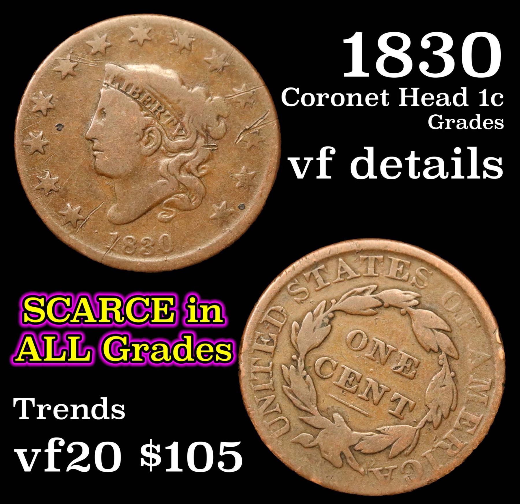 1830 Coronet Head Large Cent 1c Grades vf details