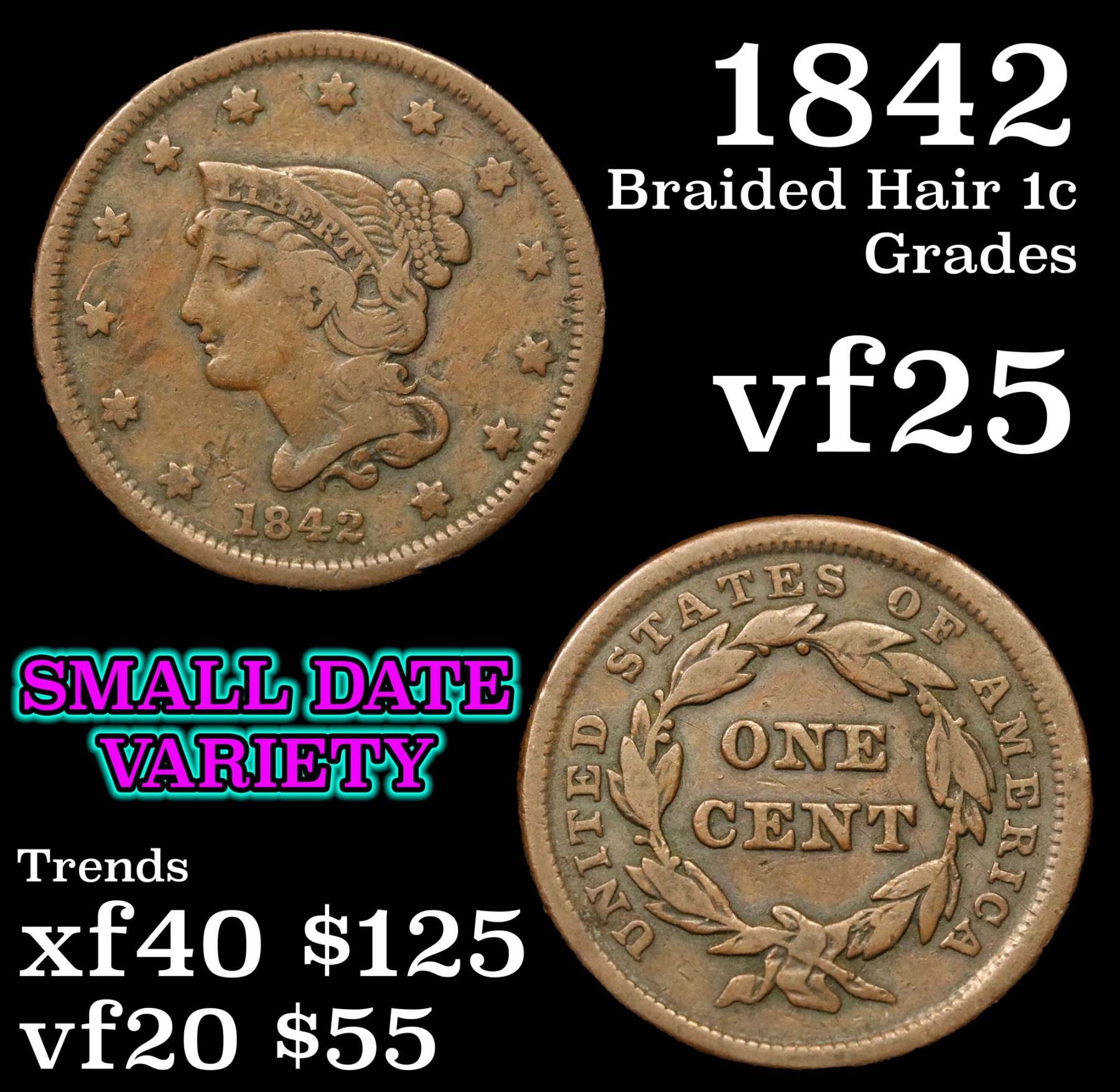 1842 Braided Hair Large Cent 1c Grades vf+