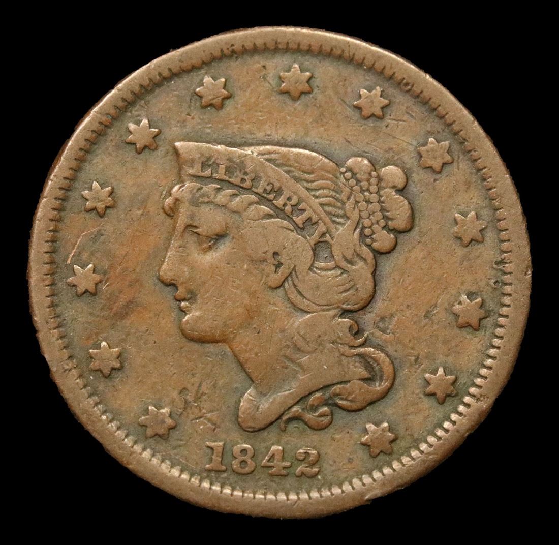 1842 Braided Hair Large Cent 1c Grades vf+