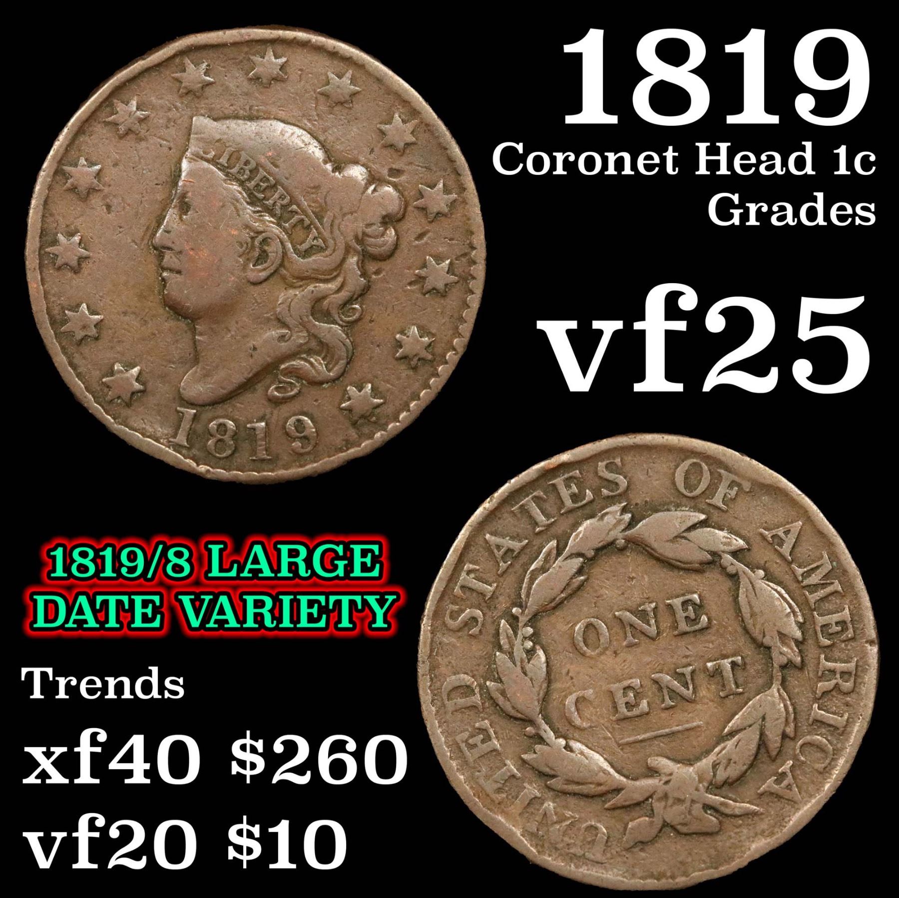 1819 Coronet Head Large Cent 1c Grades vf+