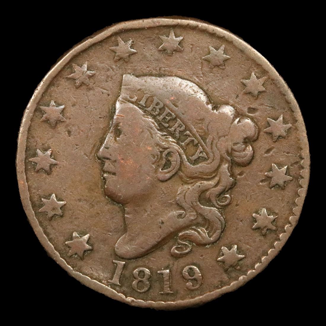 1819 Coronet Head Large Cent 1c Grades vf+