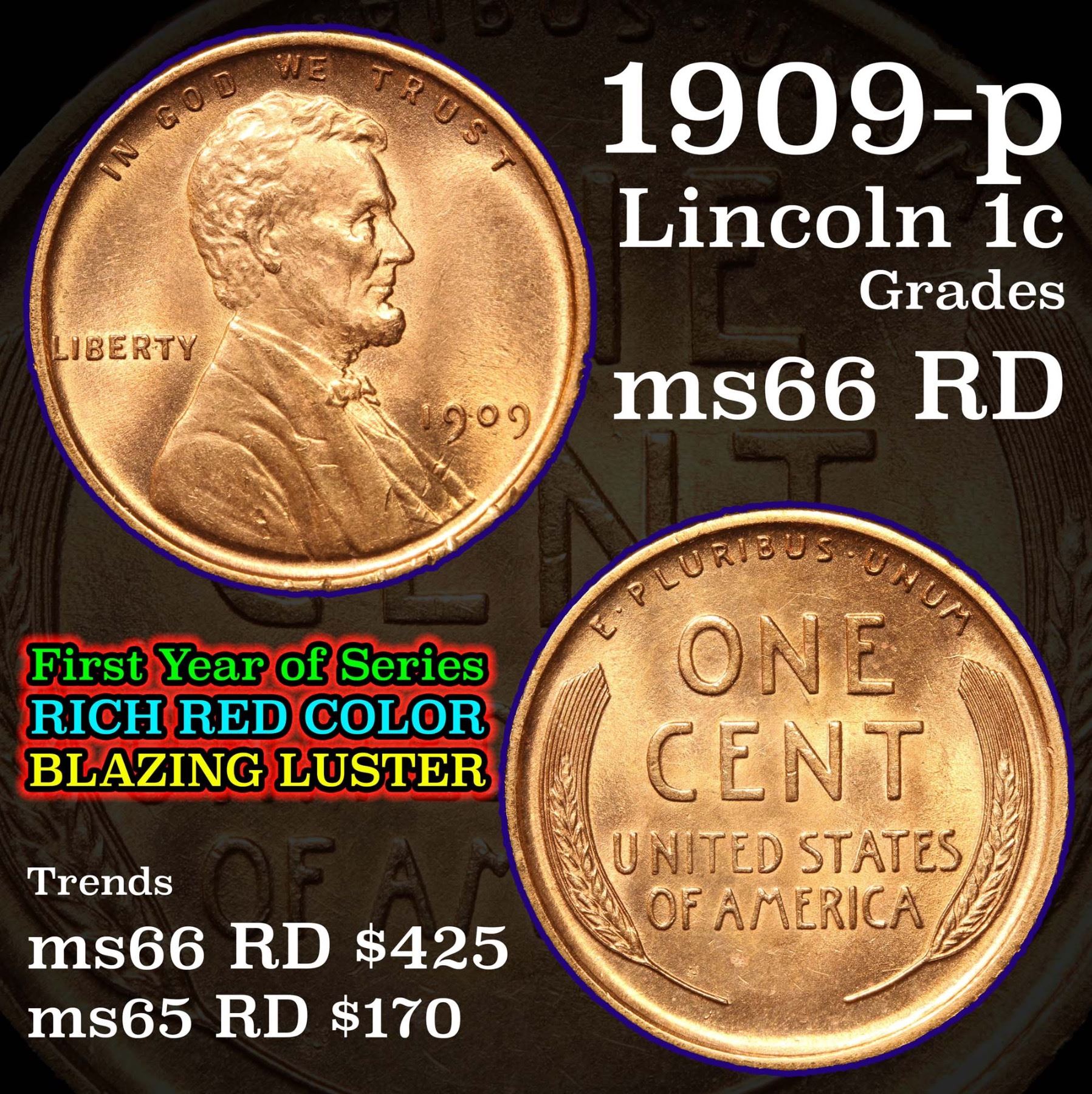 1909-p Lincoln Cent 1c Grades GEM+ Unc RD