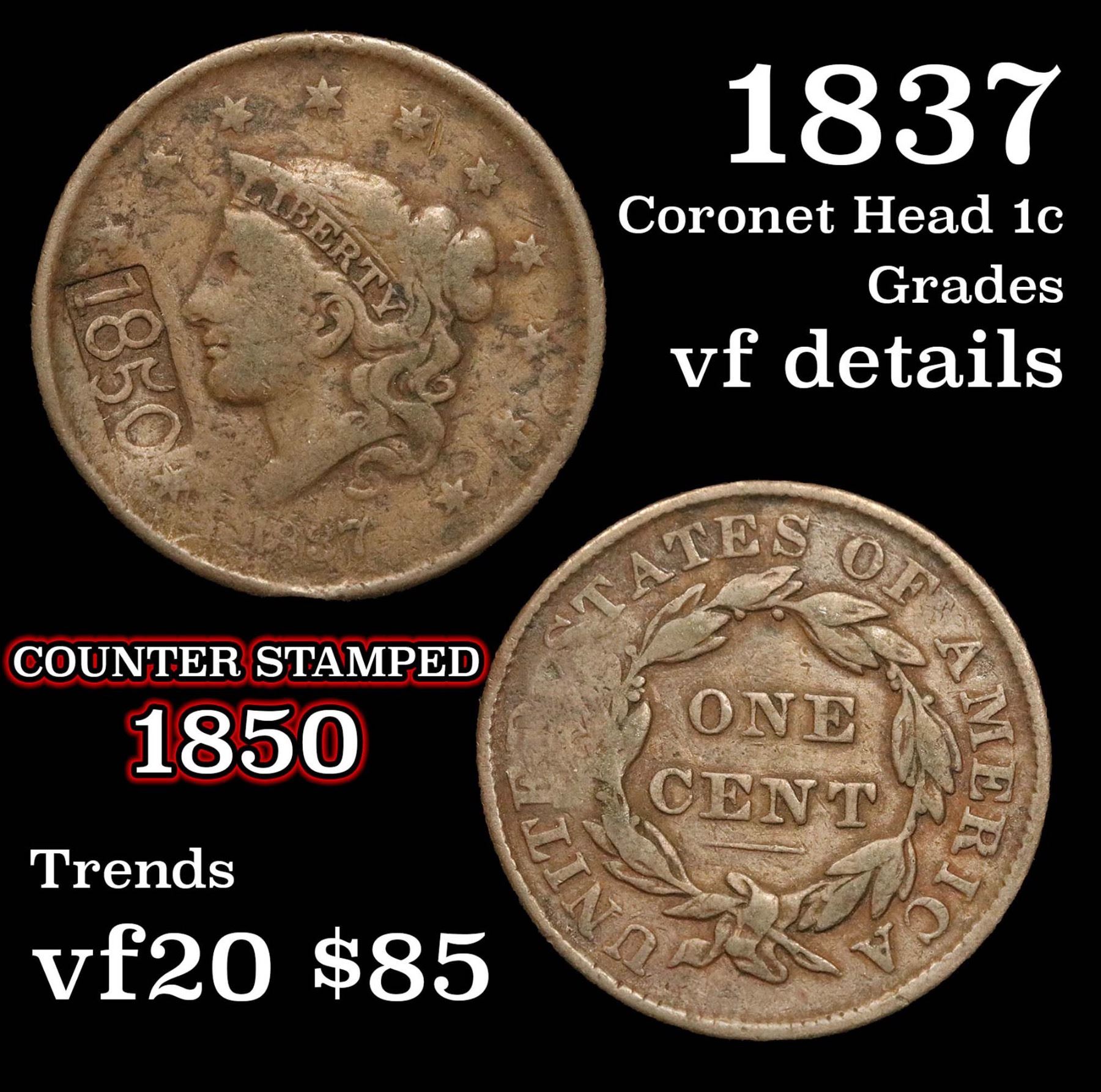 1837 counterstamp 1850 Coronet Head Large Cent 1c Grades vf details