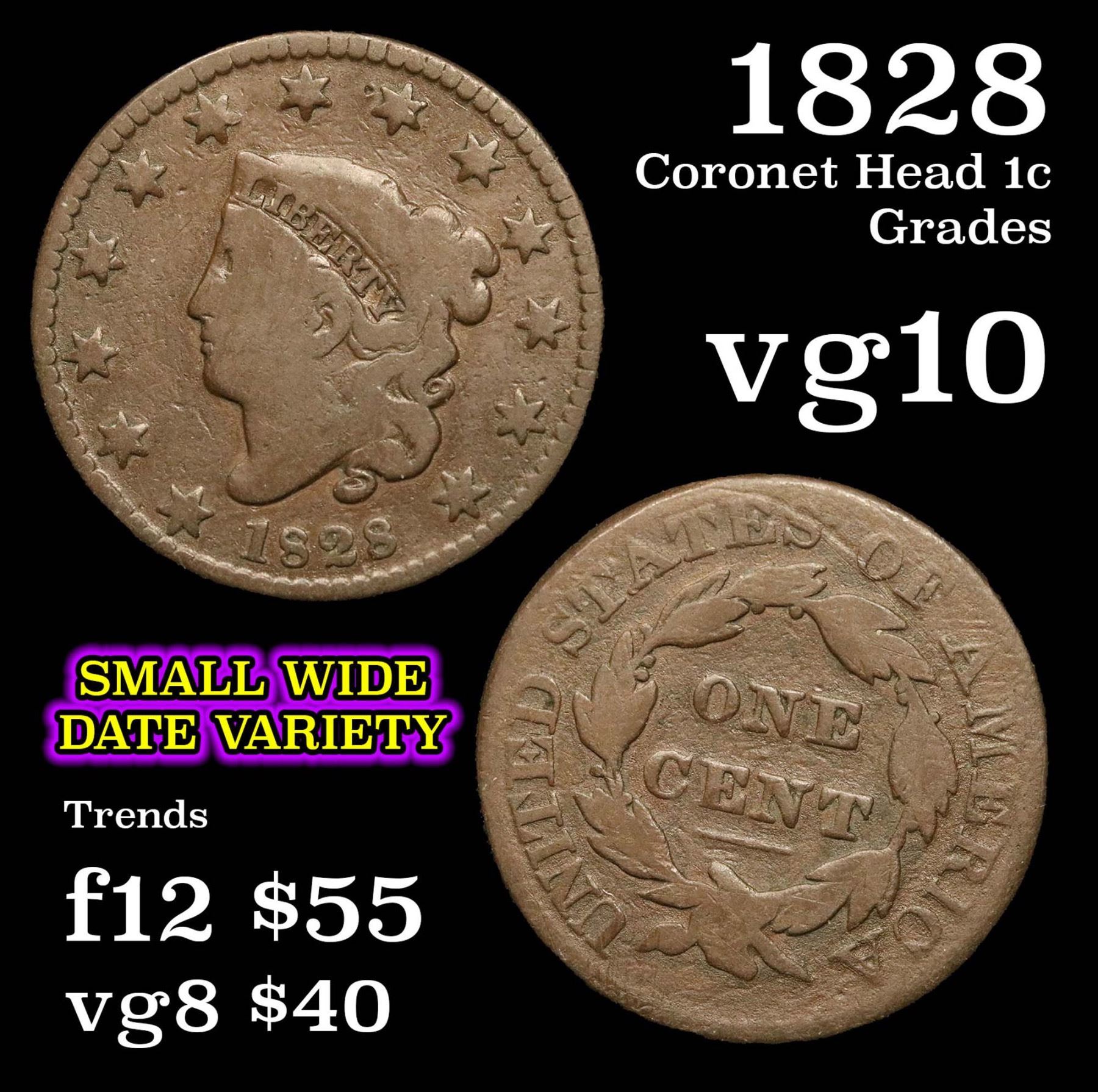 1828 Coronet Head Large Cent 1c Grades vg+