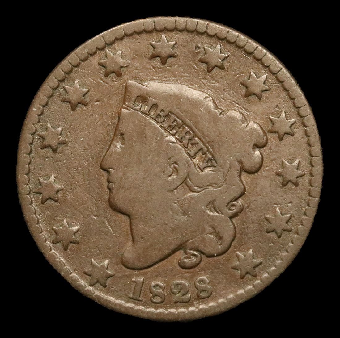 1828 Coronet Head Large Cent 1c Grades vg+