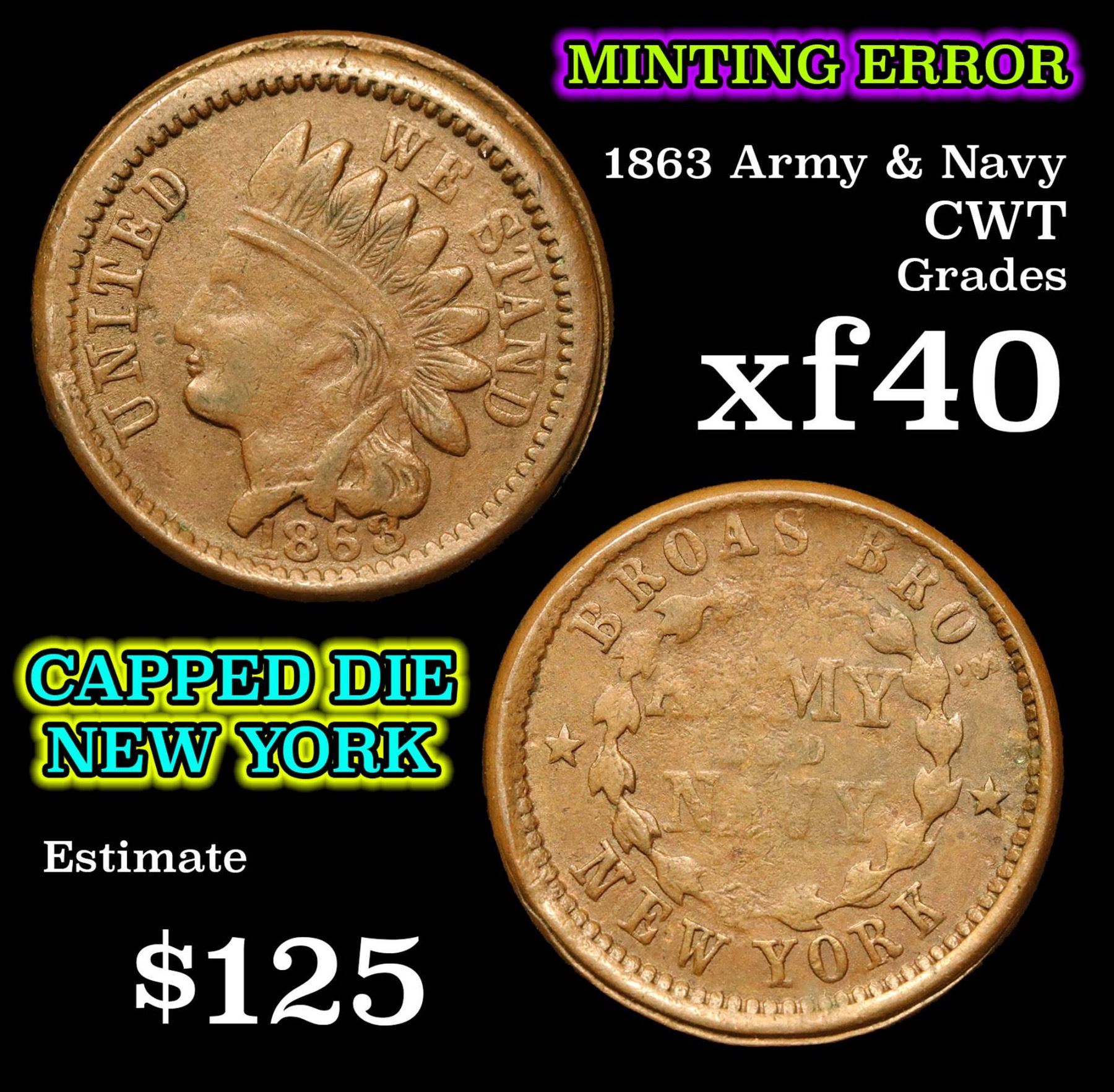 Minting Error Capped Die 1863 Army & Navy, New York Civil War Token 1c ...
