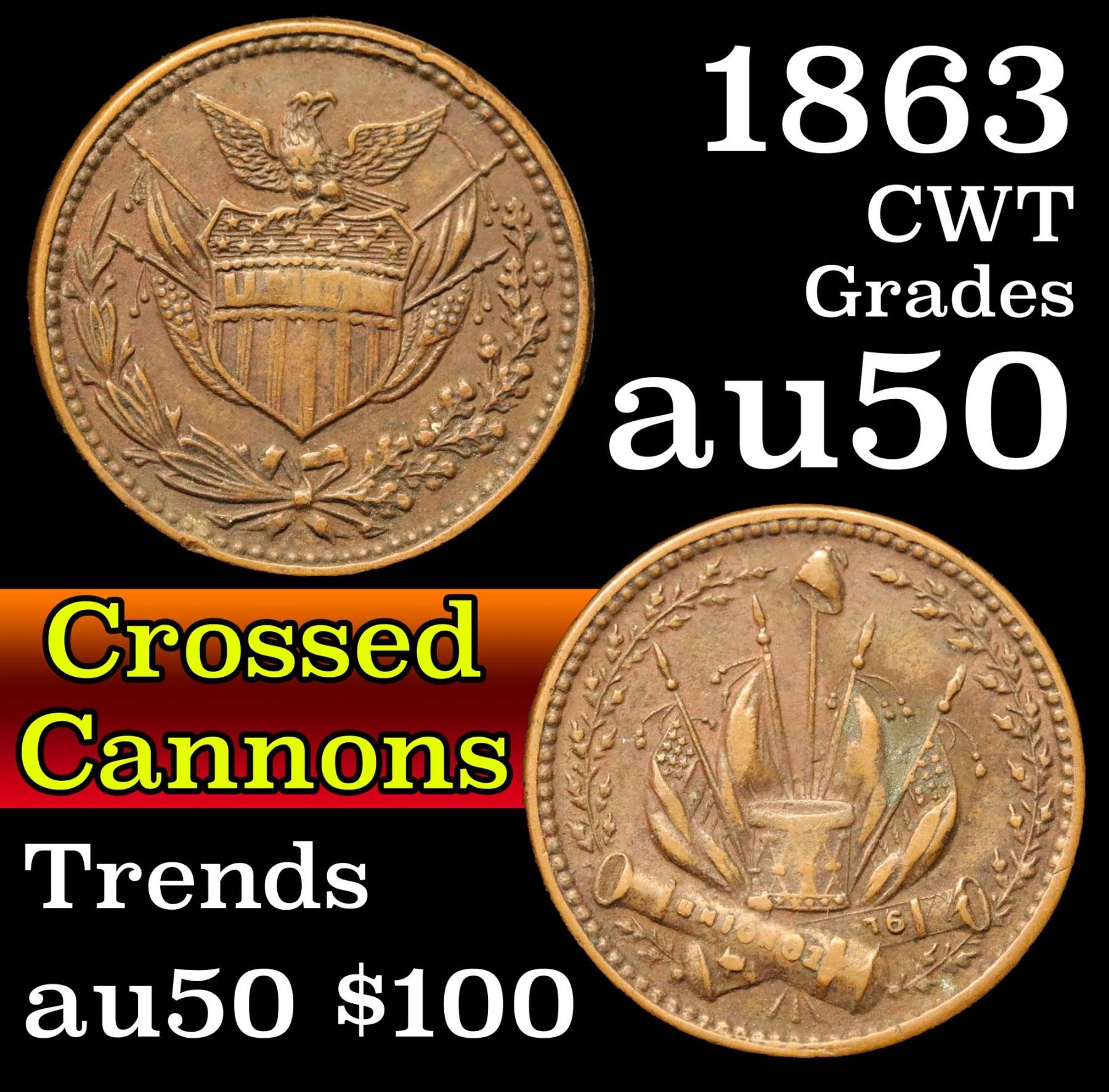 1863 Crossed Cannons Civil War Token 1c Grades AU, Almost Unc