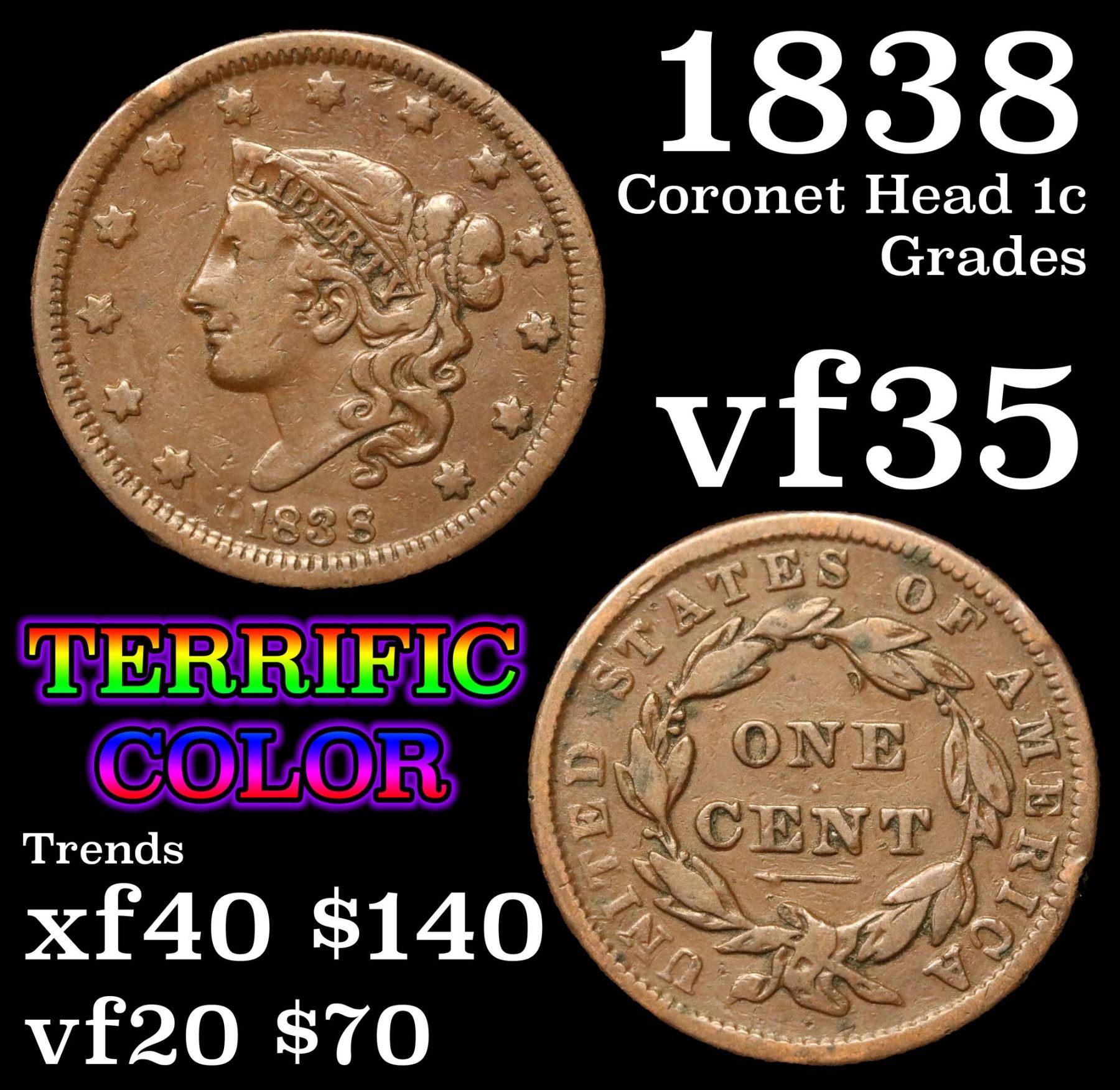 1838 Coronet Head Large Cent 1c Grades vf++