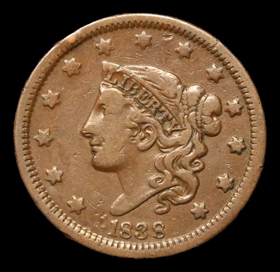 1838 Coronet Head Large Cent 1c Grades vf++