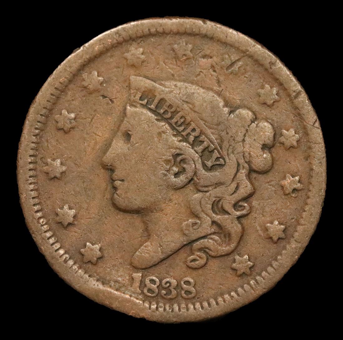 1838 Coronet Head Large Cent 1c Grades f, fine