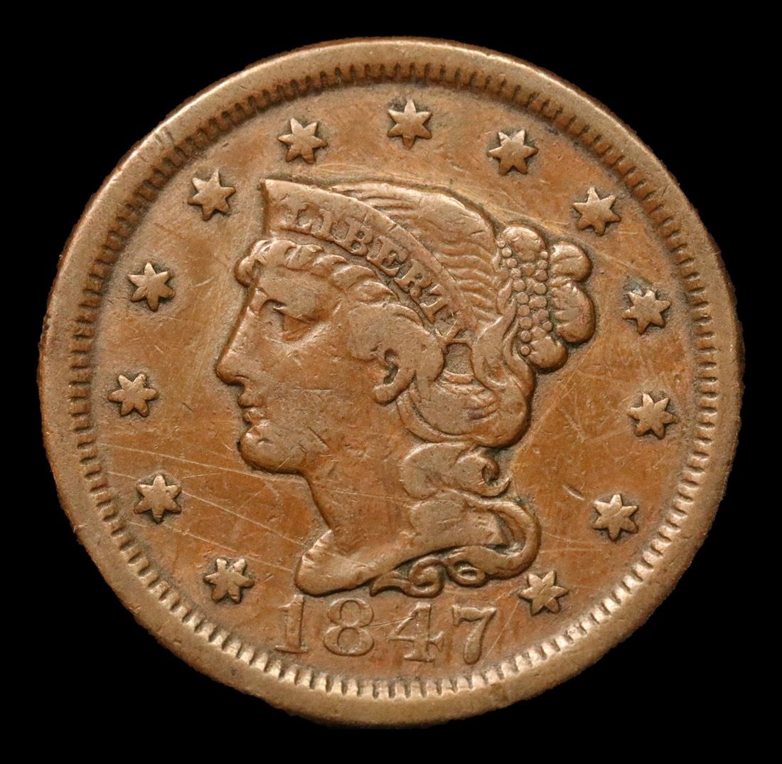 1847 Braided Hair Large Cent 1c Grades vf++