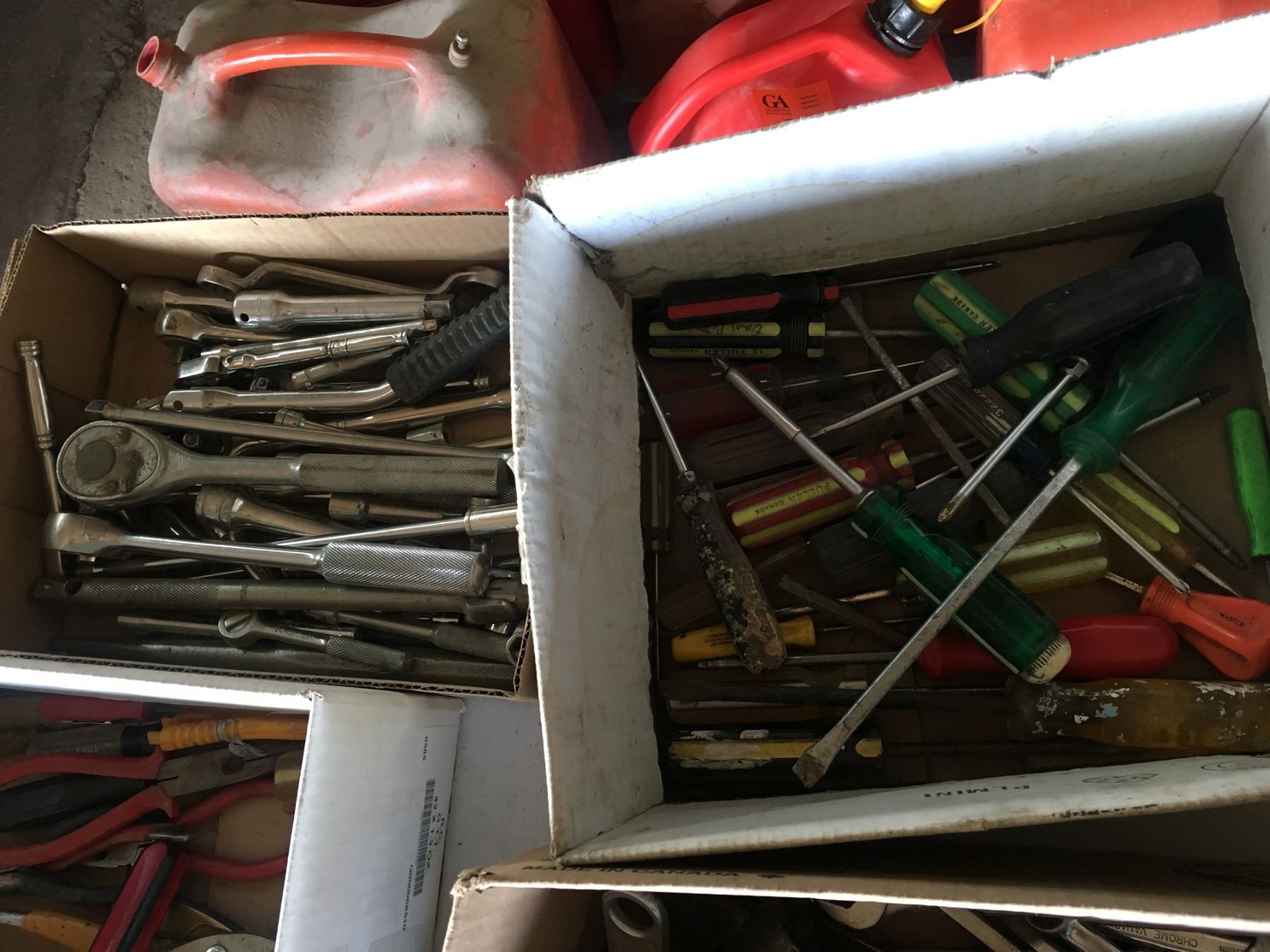 9 Boxes asst'd tools - screw drivers, wrenches, pliers, exacto knives ...