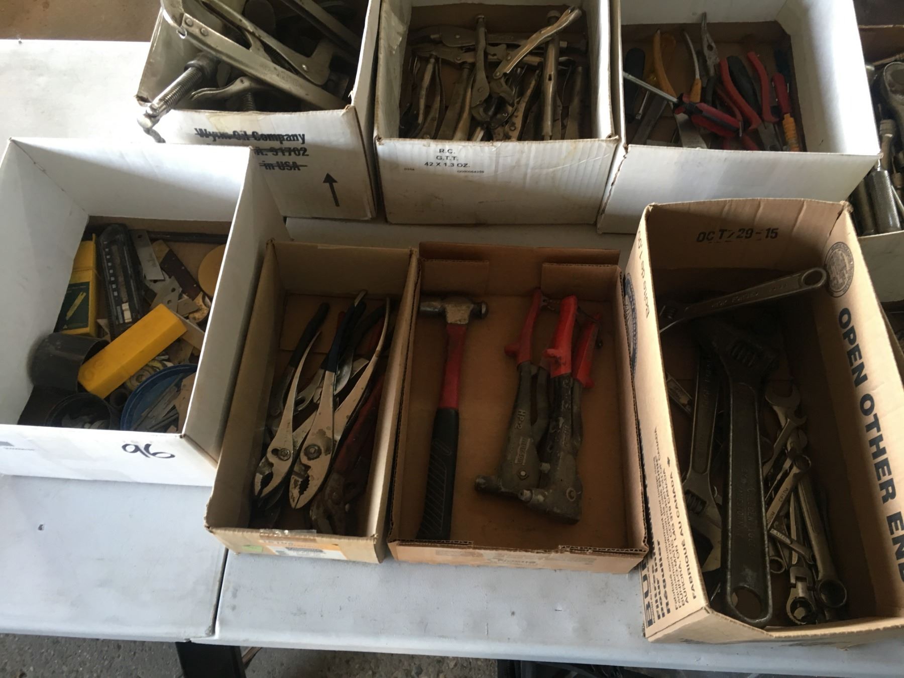 9 Boxes asst'd tools - screw drivers, wrenches, pliers, exacto knives ...