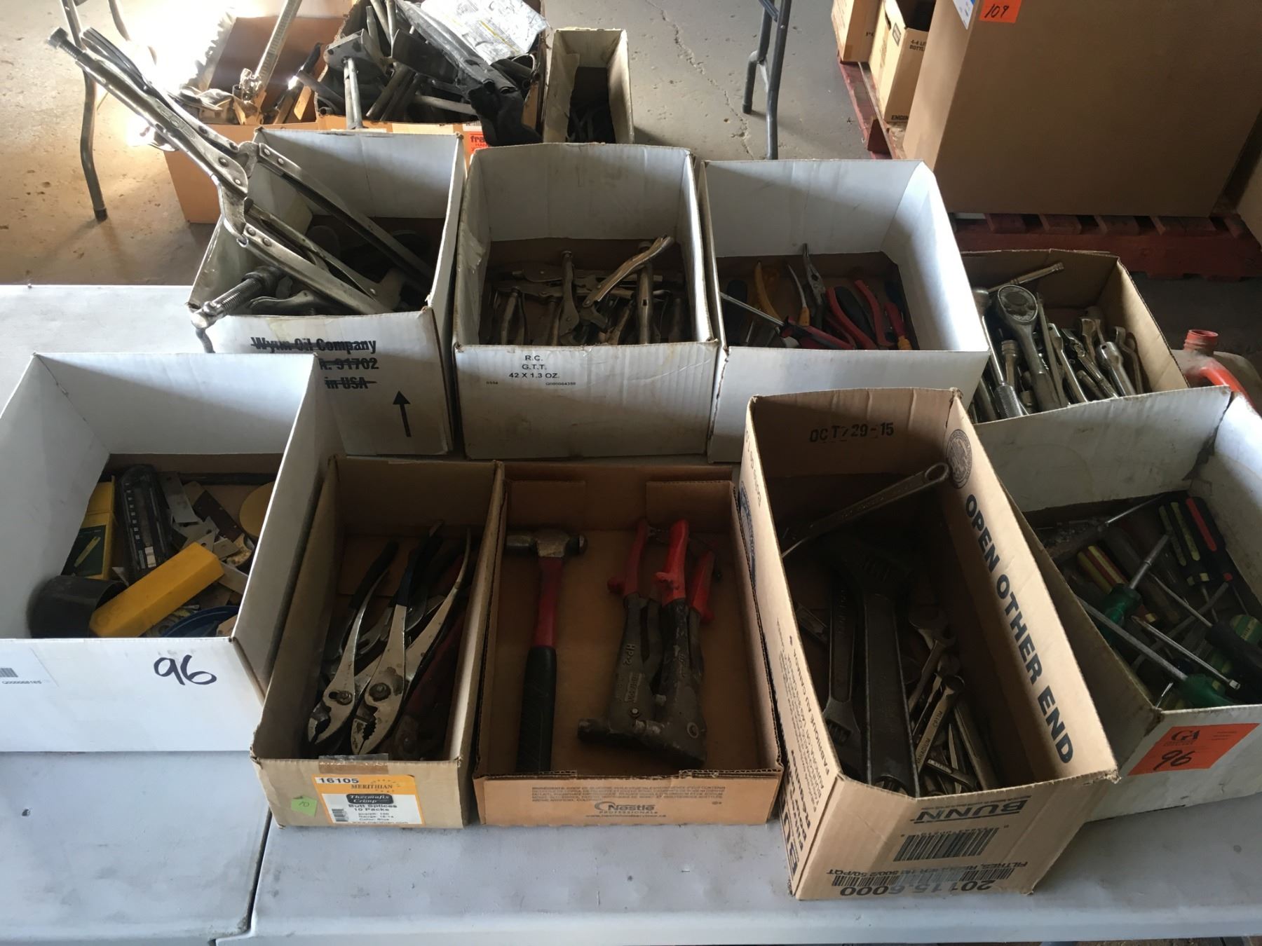 9 Boxes asst'd tools - screw drivers, wrenches, pliers, exacto knives ...