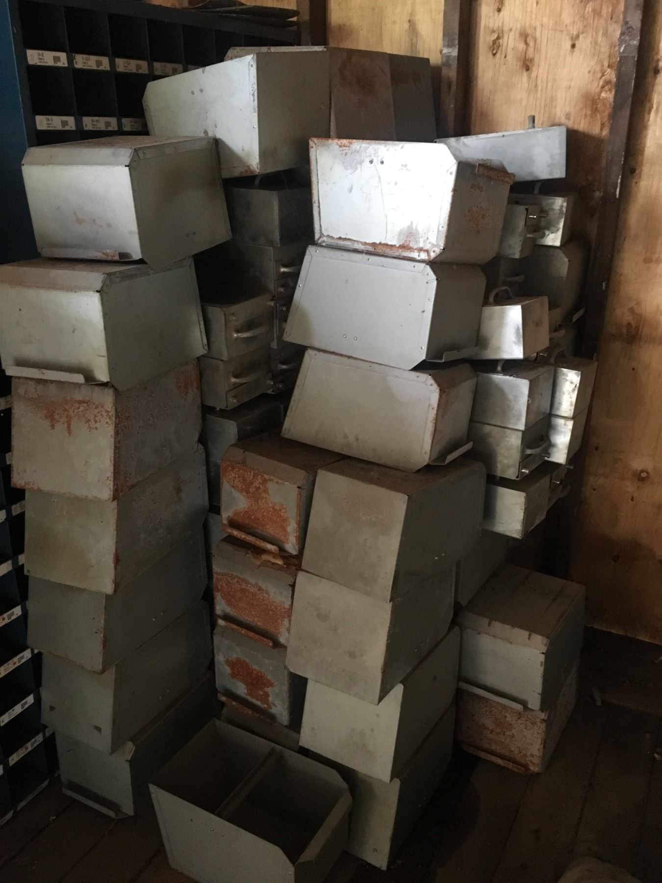 4 large blue metal part compartment shelves and 3 smaller, several ...