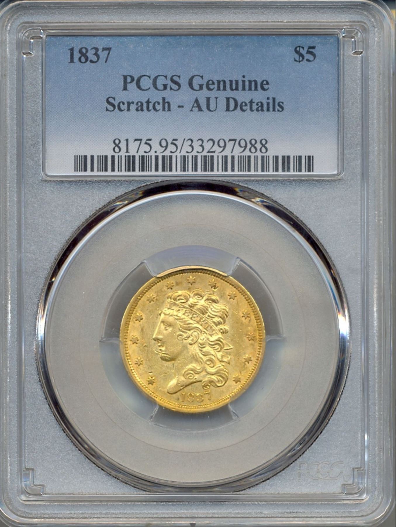 1837 $5 Liberty Head Gold Coin PCGS AU Details