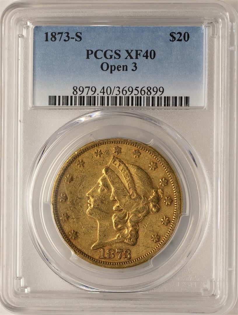1873-S Open 3 $20 Liberty Head Double Eagle Gold Coin PCGS XF40