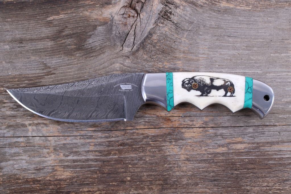 M.T. Knives Buffalo Scrimshaw & Turquoise Damascus