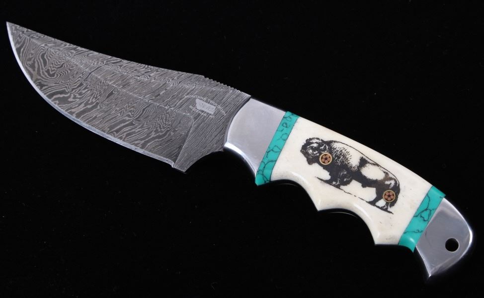M.T. Knives Buffalo Scrimshaw & Turquoise Damascus