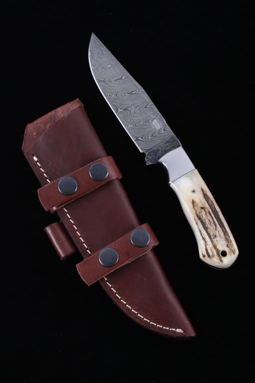 M.T. Knives Sambar Stag & Ladder Damascus Knife