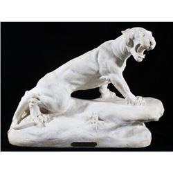 19th Century Signed Alabaster Tiger Sculpture