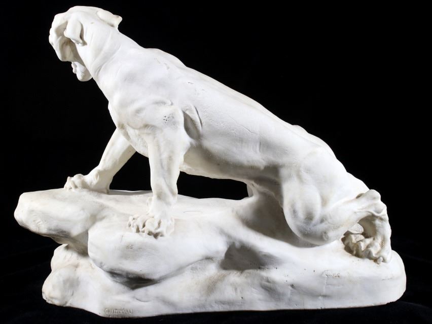19th Century Signed Alabaster Tiger Sculpture