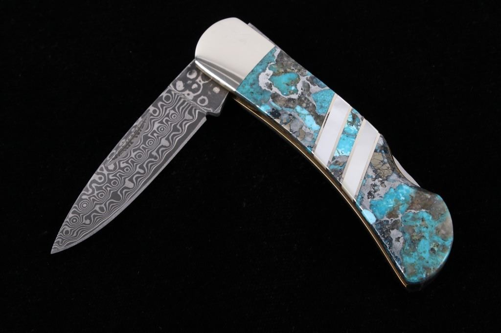Kingman Turquoise & Raindrop Damascus Knife