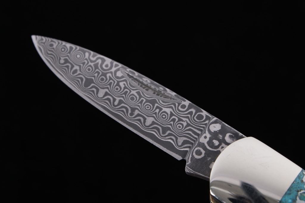 Kingman Turquoise & Raindrop Damascus Knife