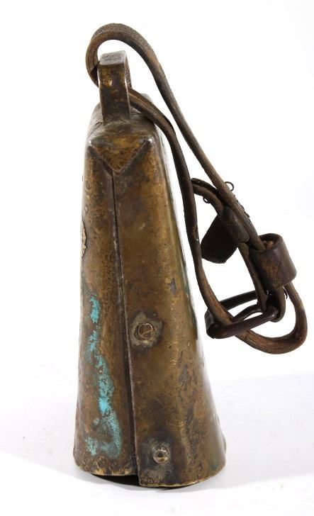 Antique Brass Cow Bell w/ Leather Strap