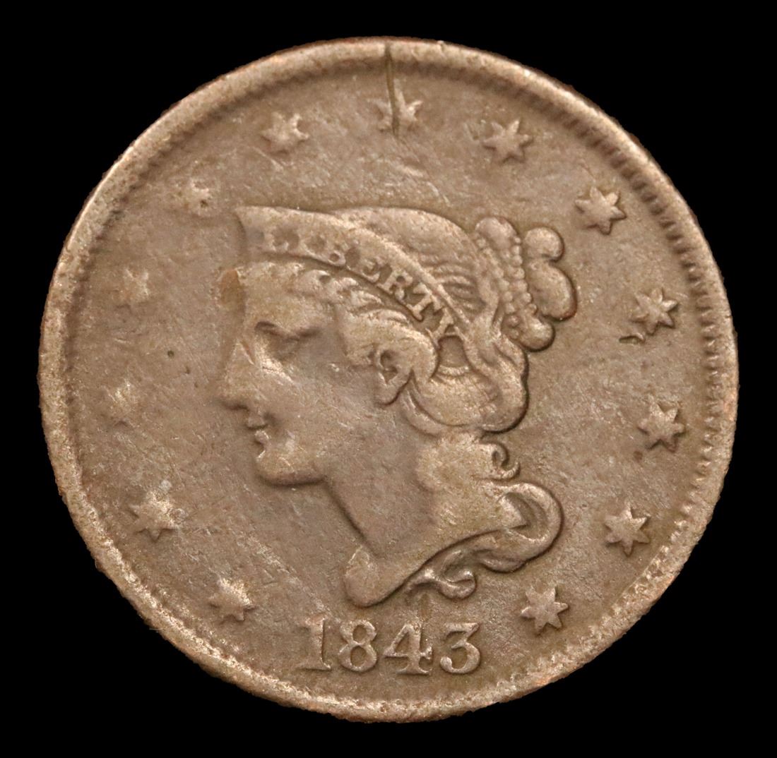 1843 . . Braided Hair Large Cent 1c Grades vf+